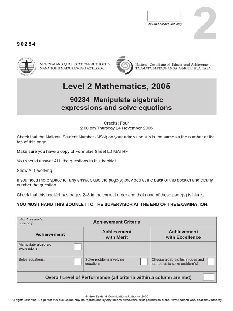 Level 2 Algebra Examination Guide | PDF | Equations | Mathematics