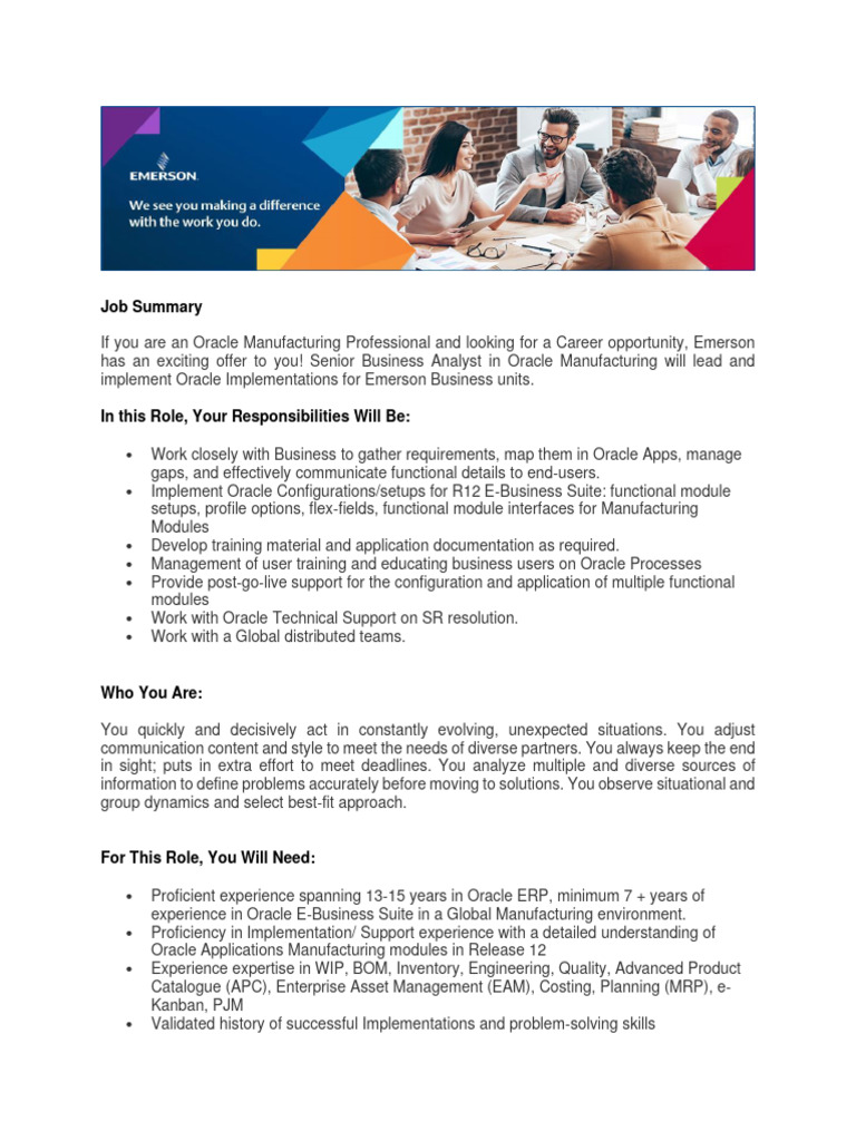 JD - Senior Business Analyst - Oracle Manufacturing | PDF