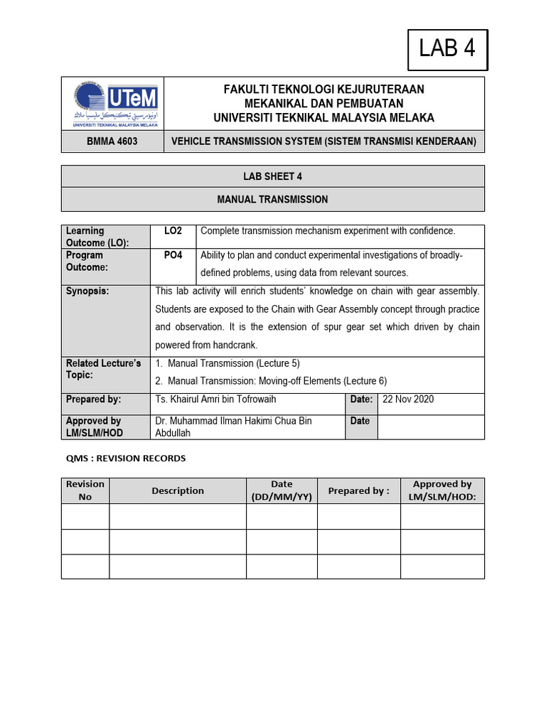 BMMA4603 Lab#4 Manual Transmission | PDF | Manual Transmission | Gear