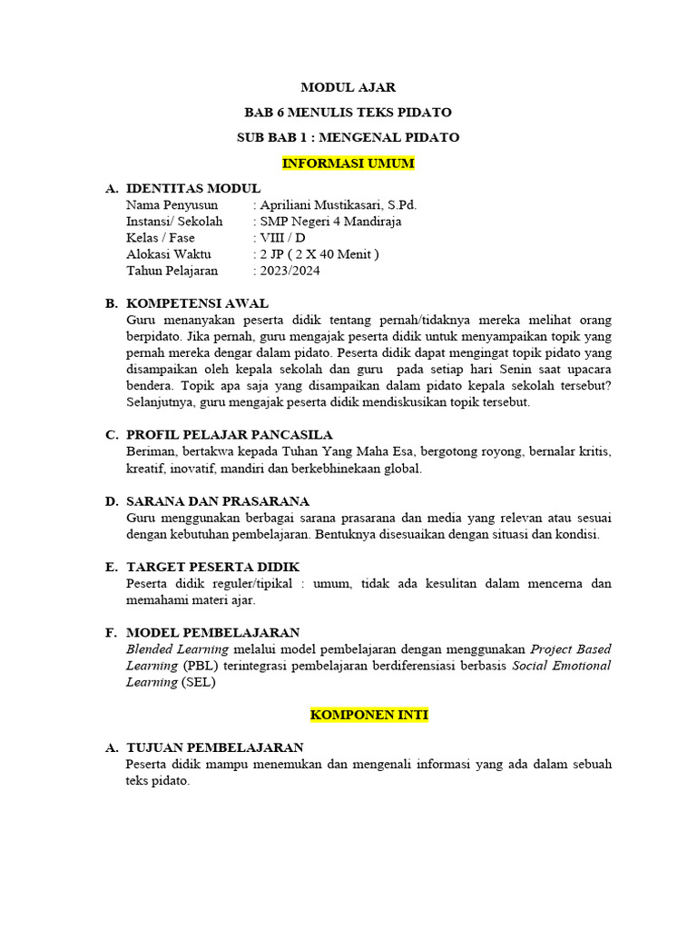 Modul Ajar Bab 6 Menulis Teks Pidato | PDF