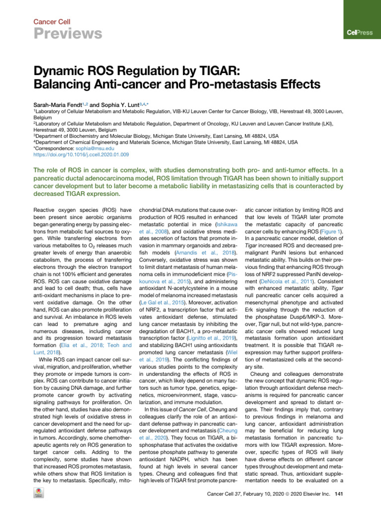 Dynamic ROS Regulation by TIGAR Balancing Anti-Cancer and Pro-Metastasis Effects | PDF | Science ...