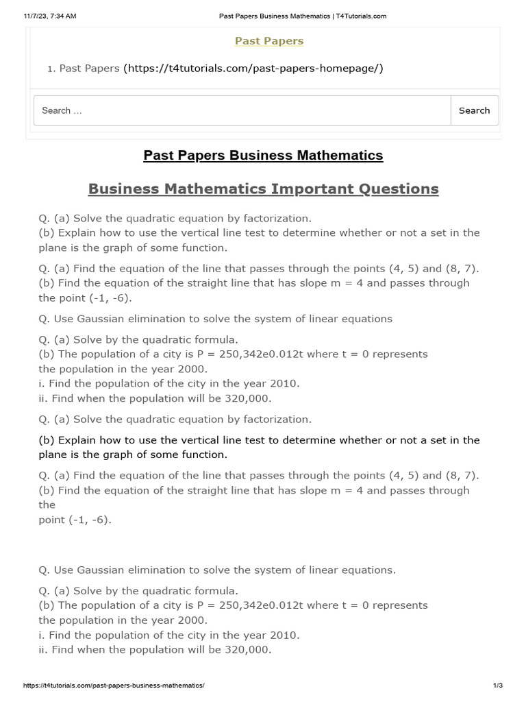 Past Papers Business Mathematics | PDF | Equations | Quadratic Equation
