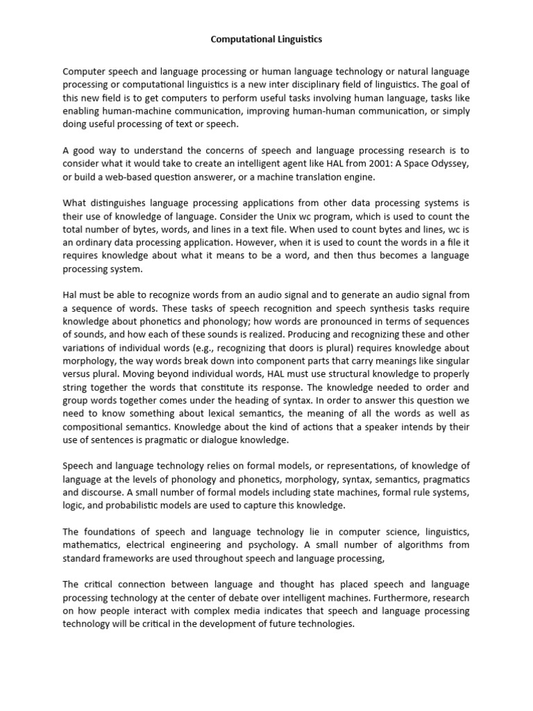 Computational Linguistics Pdf Speech Linguistics