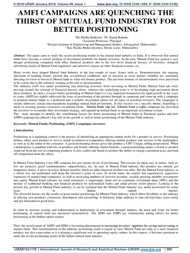 Amfi Campaigns Are Quenching The Thirst of Mutual Fund Industry For Better Positioning | PDF