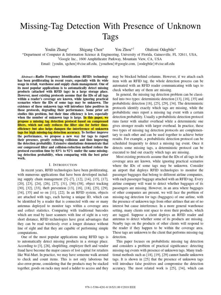 Zhang2018.Missing-Tag Detection With Presence of Unknown - Tags | PDF | Radio Frequency ...