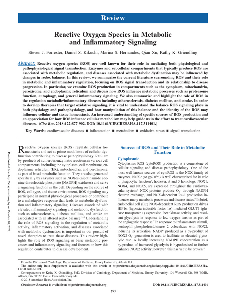 Reactive Oxygen Species in Metabolic and Inflammatory Signaling | Download Free PDF | Reactive ...