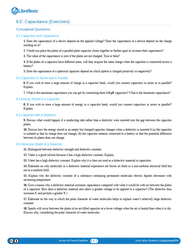8.0E 8.E Capacitance (Exercises) | PDF | Capacitor | Capacitance