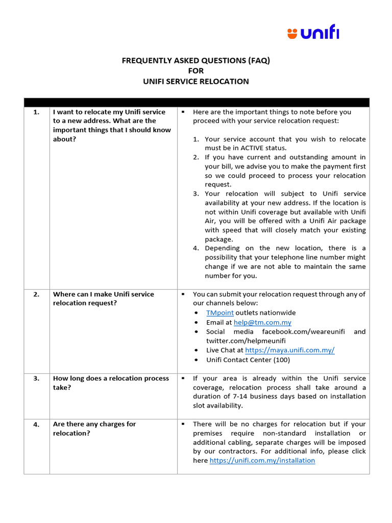 Unifi Service Relocation FAQ | PDF