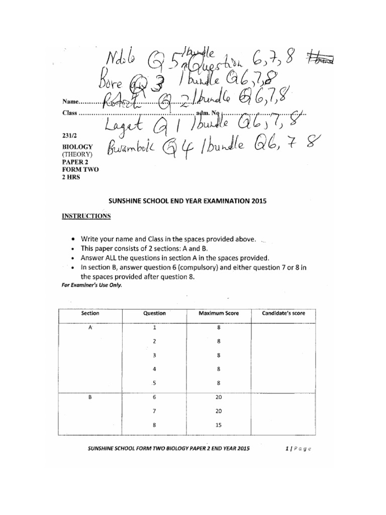 Biology Form 2 Exam | PDF
