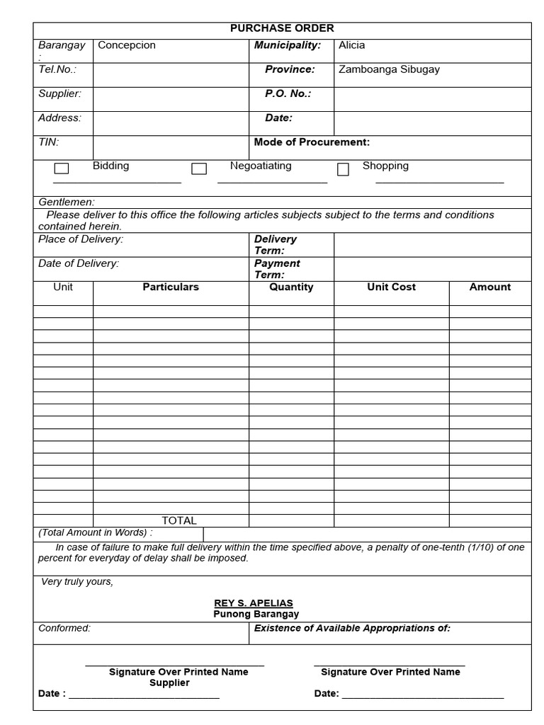Barangay Purchase Order Template | PDF