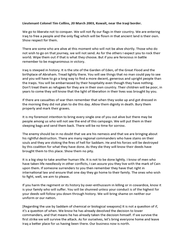 Tim Collins' Iraq Liberation Speech | PDF | Saddam Hussein | Military