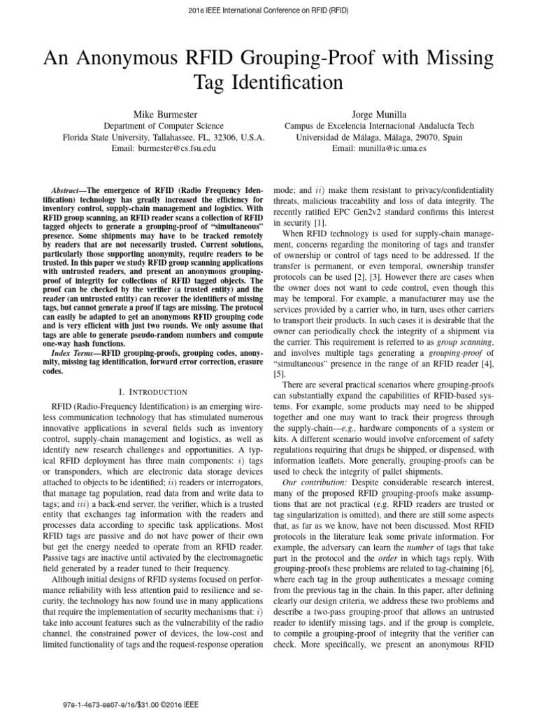 Burmester2016.an Anonymous RFID Grouping-Proof With Missing Tag Identification | PDF | Radio ...