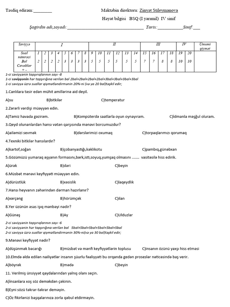 Hıyat Bilgisi BSQ1 | PDF