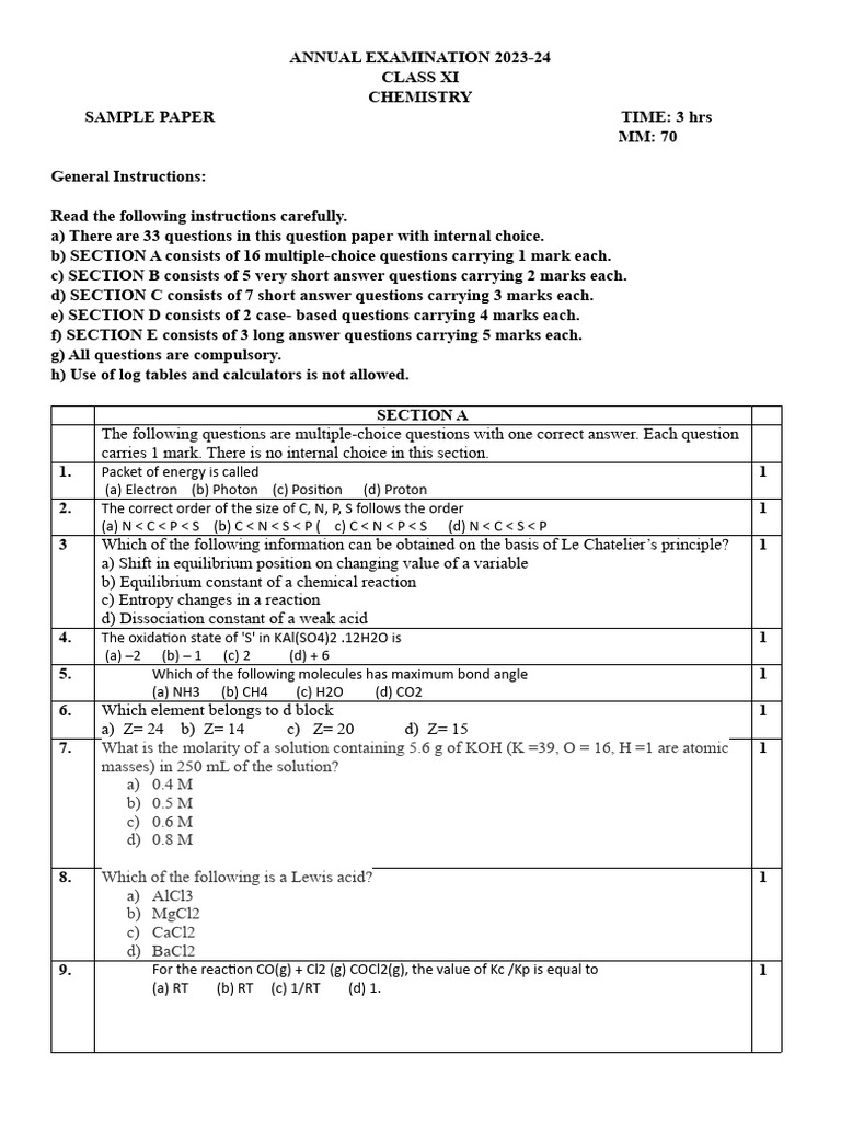 Sample Paper Xi Annual 23-24 | PDF