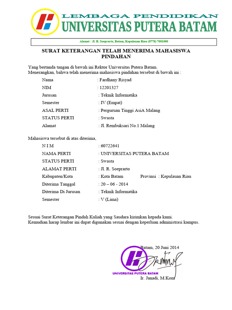 Surat Keterangan Diterima Di Kampus Uniersitas Putera Batam | PDF