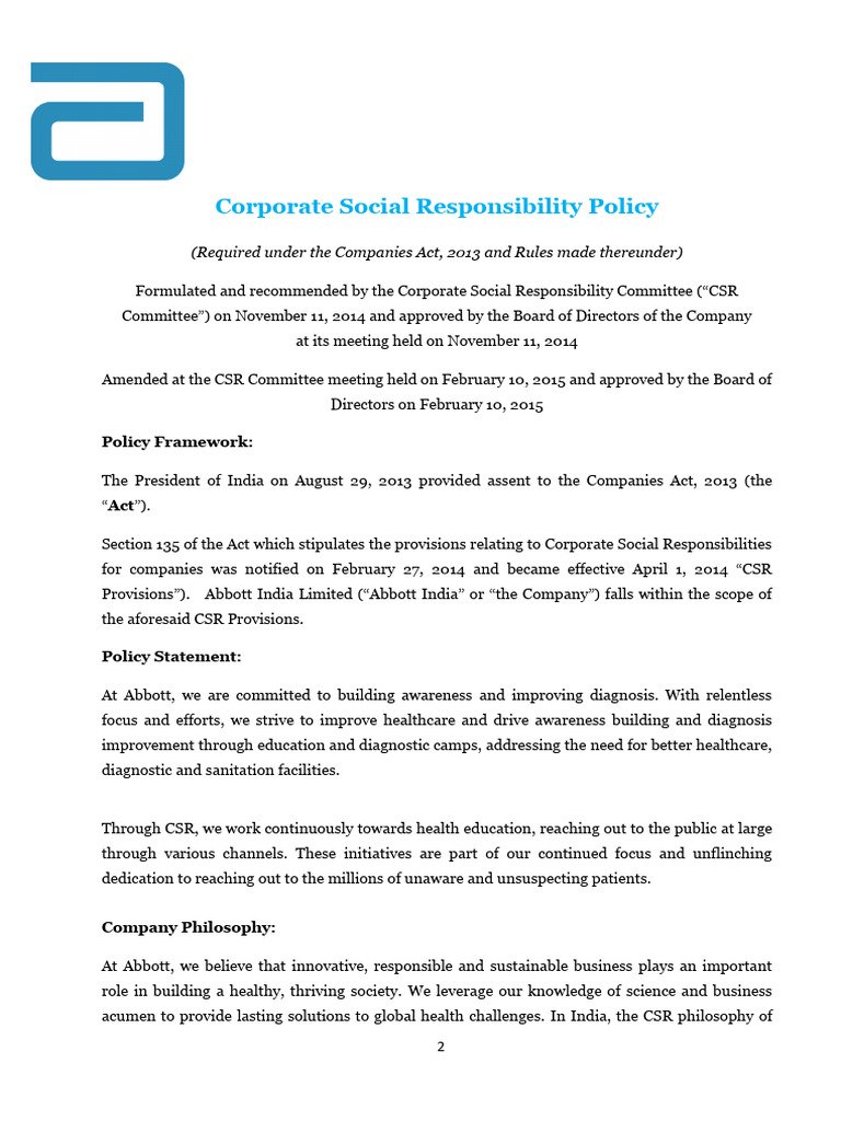 Corporate Social Responsibility Policy in PDF | PDF | Corporate Social ...