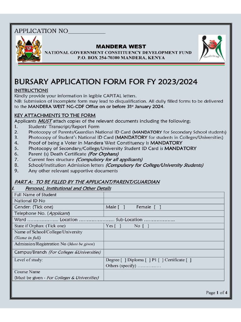 Bursary Form - Mandera West NG-CDF FY 2023-2024 | PDF
