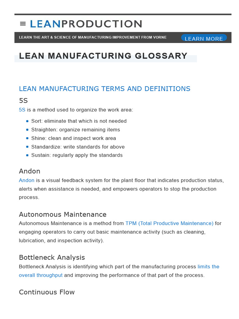 Lean Manufacturing Glossary | PDF