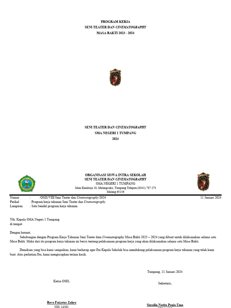 Proker Tahunan Seni Teater Dan Cinematography Masa Bakti 2023 - 2024 | PDF