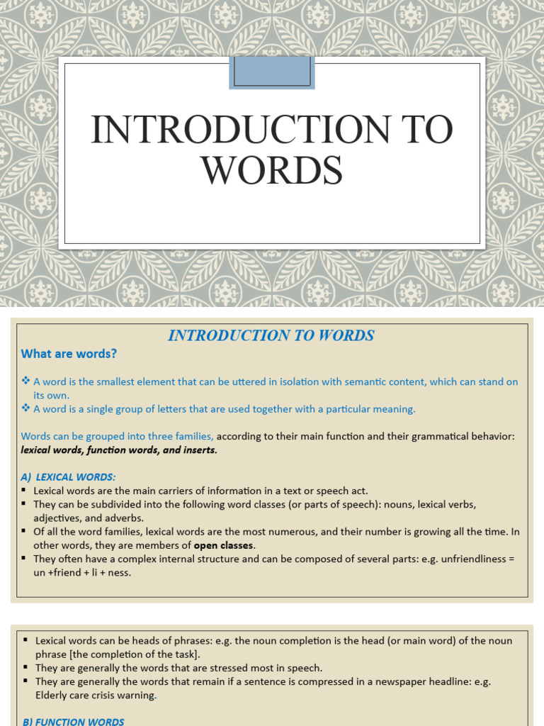 Introduction To Words | PDF | Part Of Speech | Word