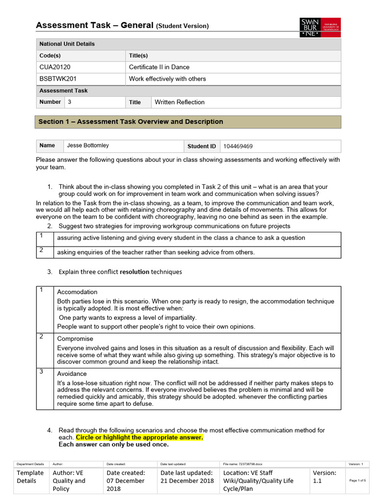 BSBTWK201 Written Reflection | PDF | Communication | Wiki