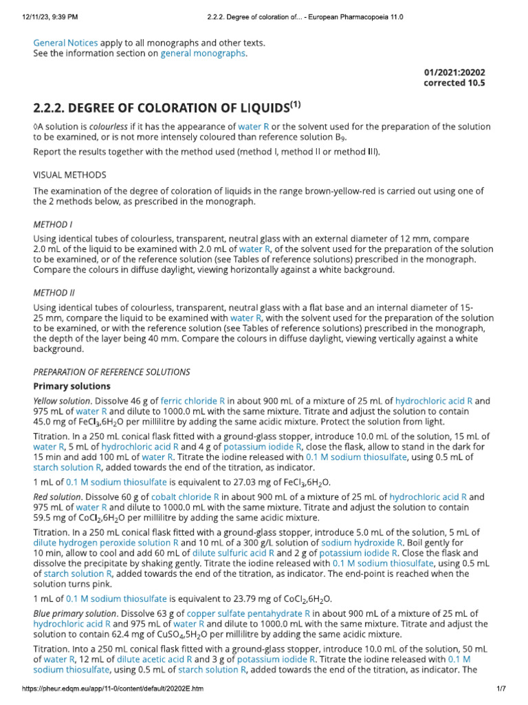 2.2.2. Degree of Coloration Of... - European Pharmacopoeia 11 | PDF