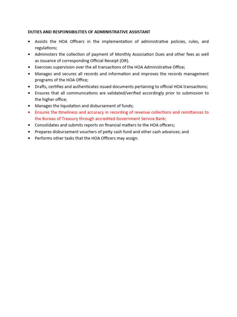 Duties of HOA Administrative Assistant | PDF | Business | Finance ...