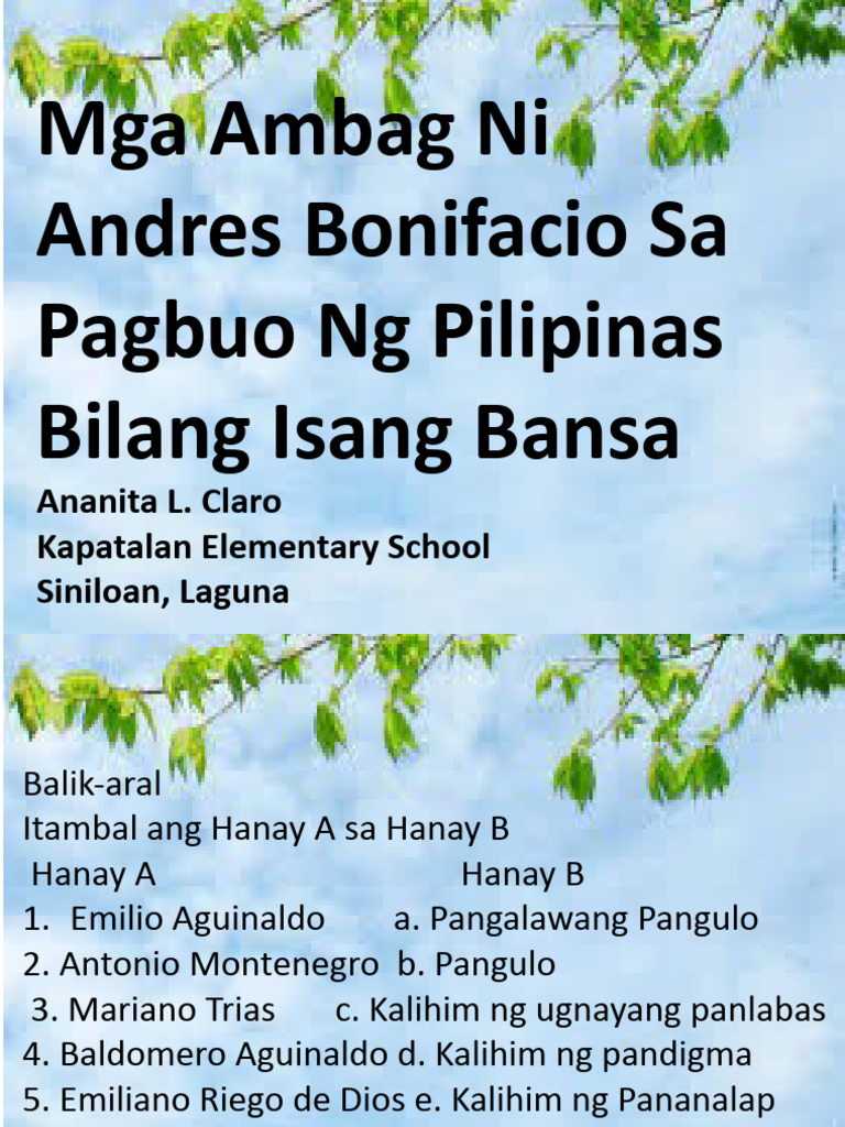 Mga Ambag Ni Andres Bonifacio Sa Pagbuo NG Pilipinas Bilang Isang Bansa ...