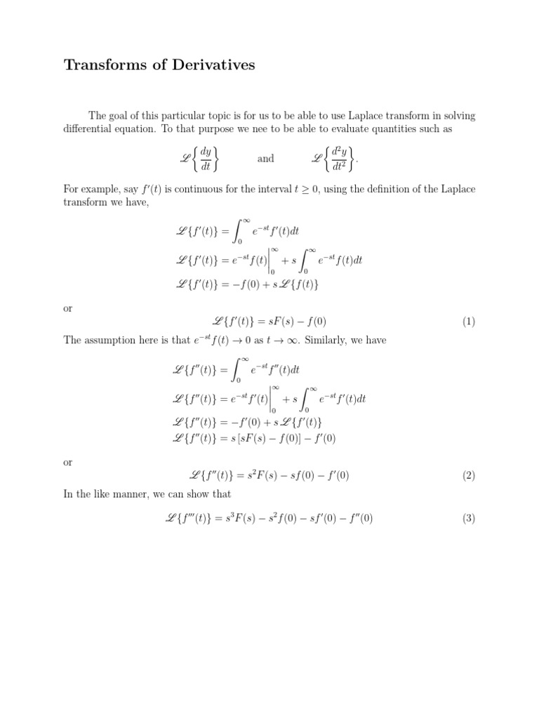 Laplace Transform of Derivatives | PDF | Laplace Transform ...