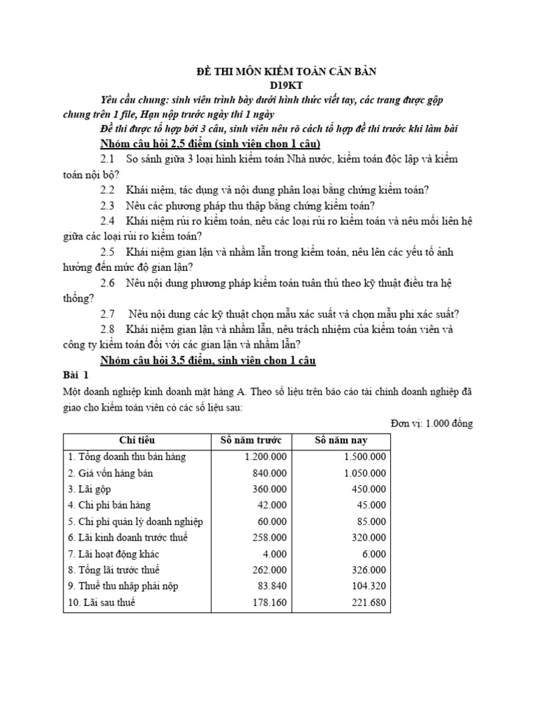 Đề Thi Môn Kiểm Toán Căn Bản d19kt | PDF