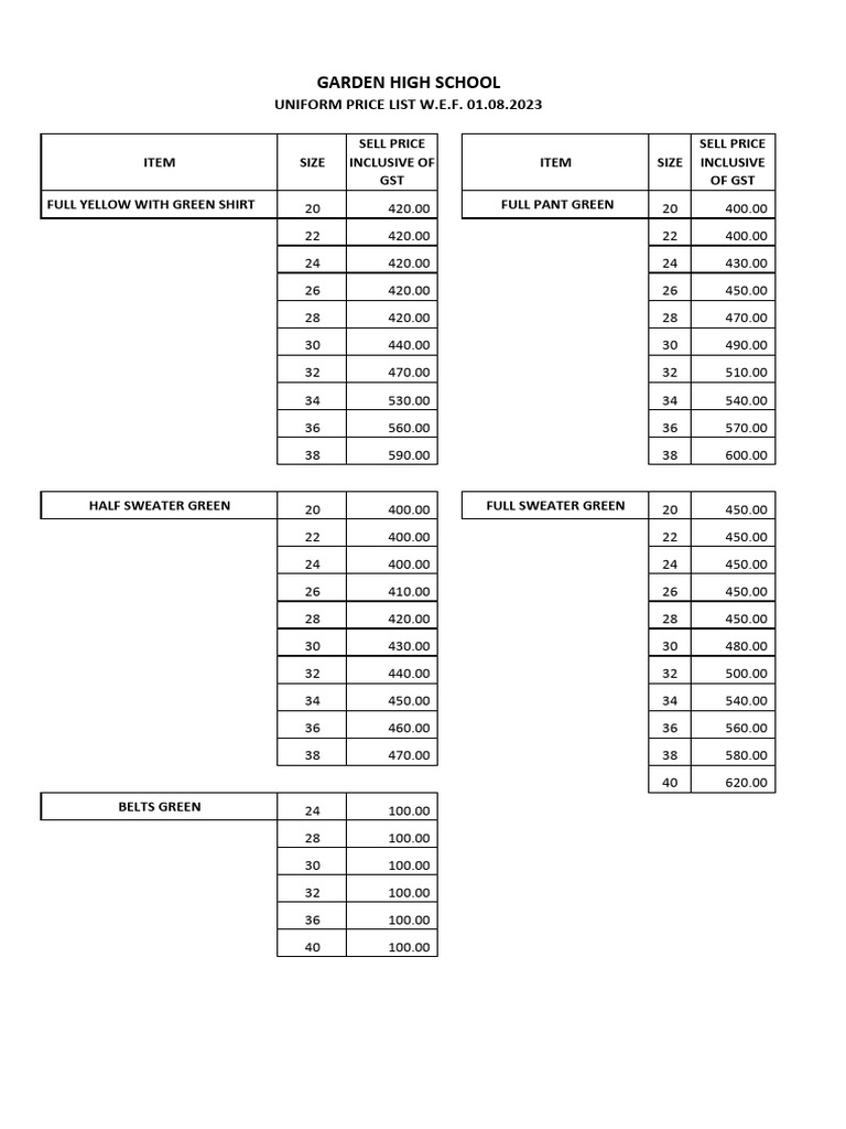 GHS Winter Uniform Price List 2023-24 | PDF | Clothing | Uniforms