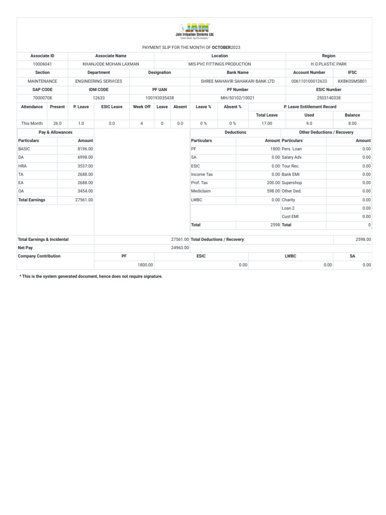 October 2023 Salary Slip Summary | PDF | Business | Government