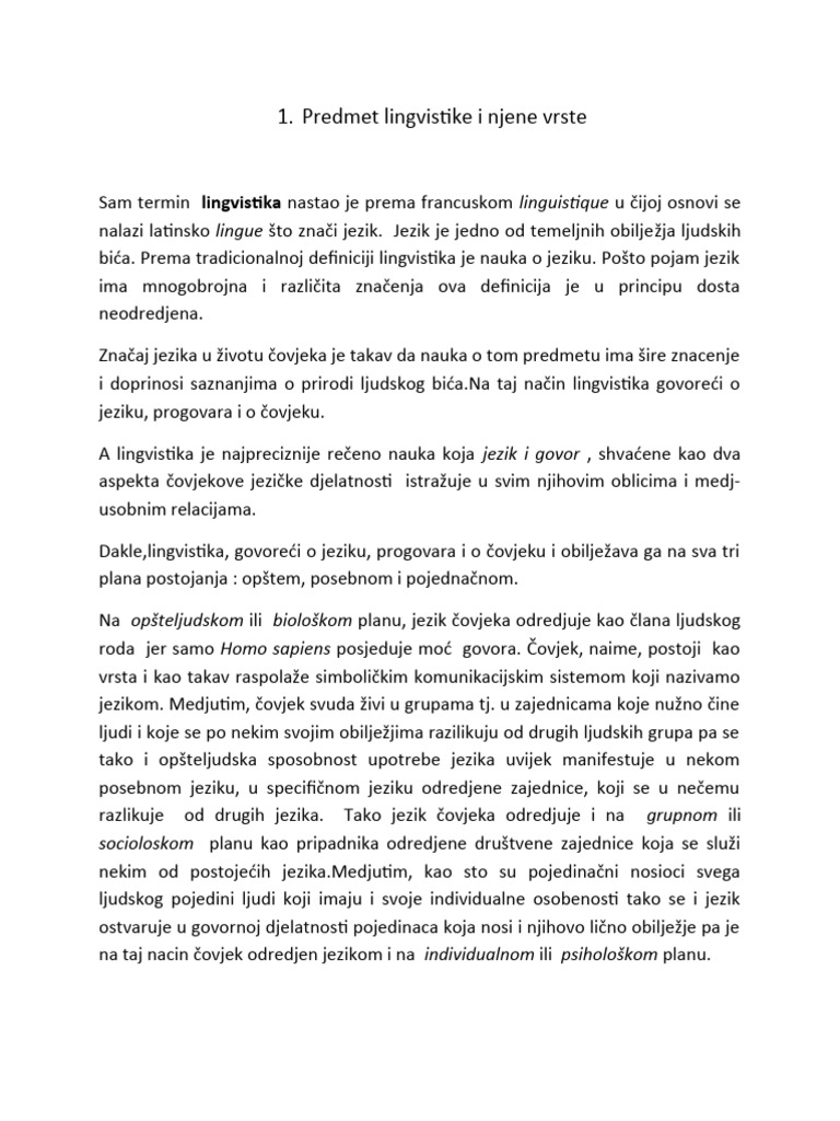 Predmet Lingvistike I Njene Vrste | PDF