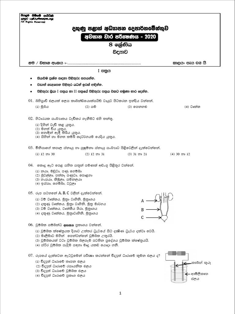 Grade 08 Science 3rd Term Test Paper With Answers 2020 Sinhala Medium