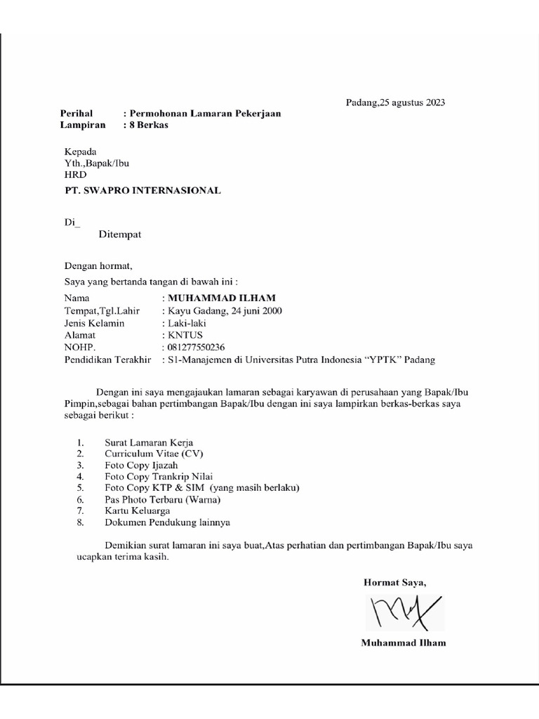 Surat Lamaran - Muhammad Ilham | PDF