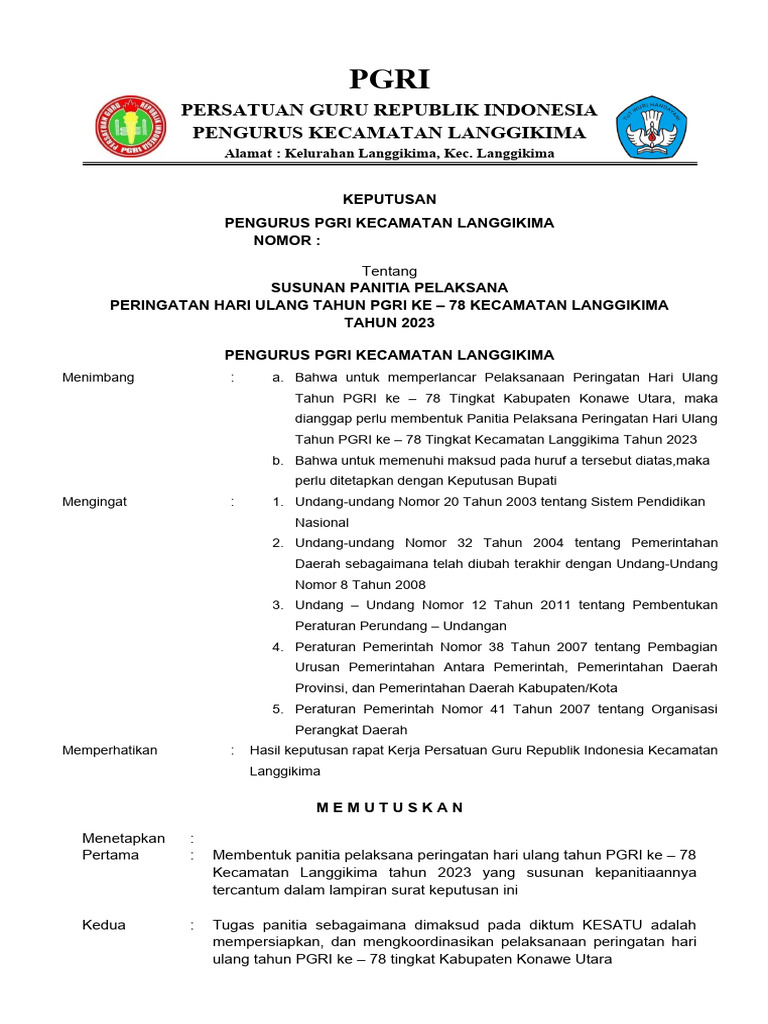 Edit SK Pgri Kec. Langgikima 2023 | PDF