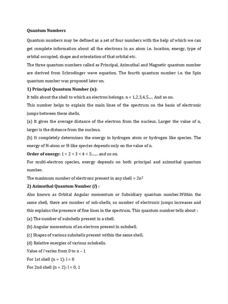 Quantum Numbers Notes | PDF | Atomic Orbital | Chemistry