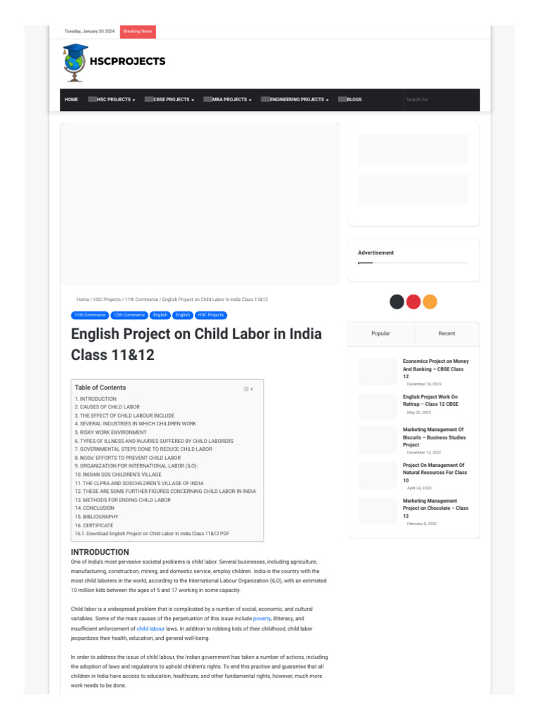 English Project On Child Labor in India Class 11&12 | PDF | Child Labour | Occupational Safety ...