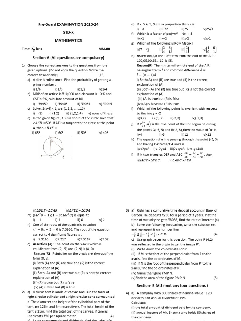 Pre-Board Mathematics Exam 2023-24 | PDF | Mathematics