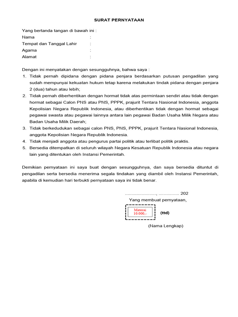Contoh Surat Pernyataan 5 Point Berdasarkan Perka BKN No. 1 Tahun 2019 ...