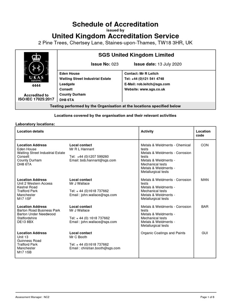 SGS UK ISO 17025 Accreditation Details | PDF | Stainless Steel | Titanium