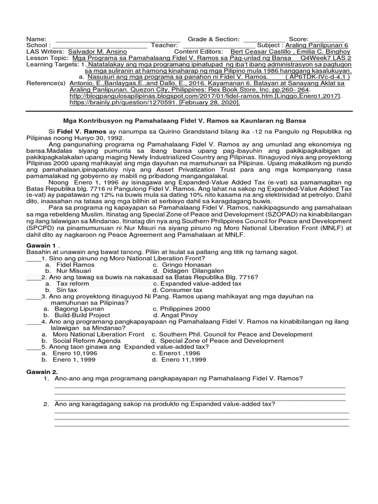 Ap 6 Quarter 4 Week 7 Las 2 | PDF