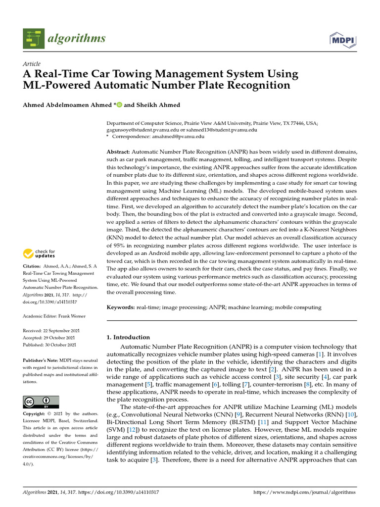 A Real-Time Car Towing Management System Using ML | Download Free PDF | Machine Learning | Image ...