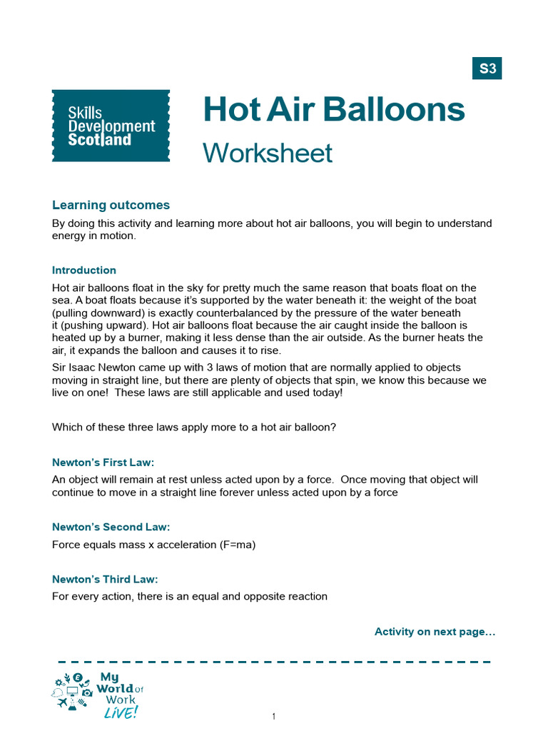 S3 My WoW Live Hot Air Balloons Pupil WorksheetV2 | PDF | Buoyancy | Force