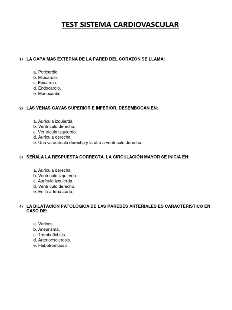 Test Aparato Cardiovascular 01 | PDF | Sistema circulatorio | Corazón