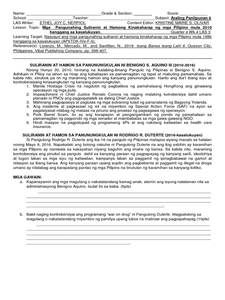 Ap 6 Quarter 4 Week 4 Las 3 | PDF