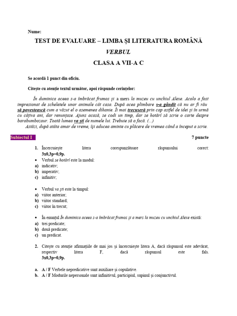 Verbul Test Clasa A VII A | PDF