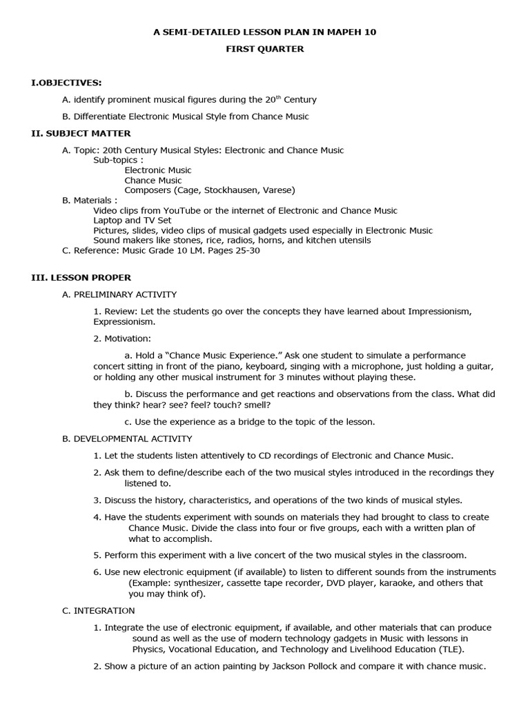 A Semi Detailed Lesson Plan in Mapeh 10 | PDF | Electronic Music ...
