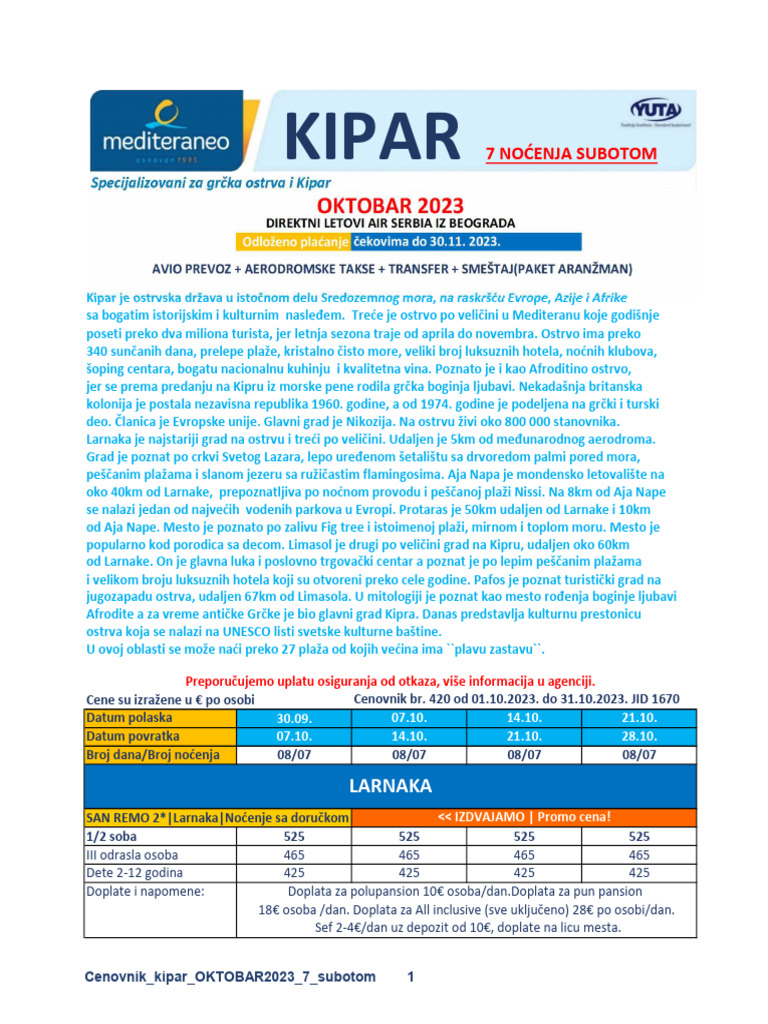 Cenovnik Kipar 7 Subotom Oktobar 2023 | PDF
