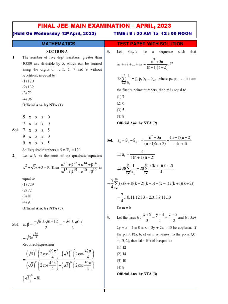 Jee Mains Pyq | Download Free PDF | Mathematics | Elementary Mathematics